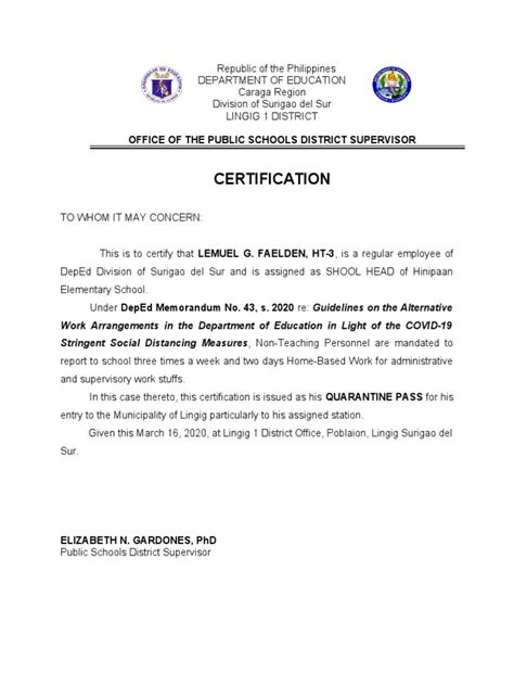 Quarantine Pass Certification For Lemuel Faelden Pdf