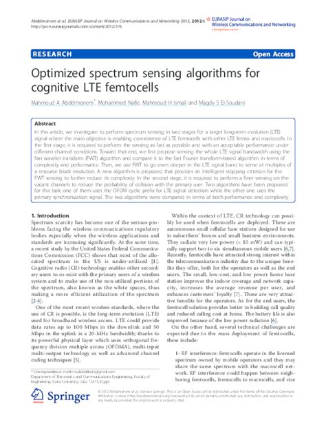 Pdf Optimized Spectrum Sensing Algorithms For Cognitive Lte Femtocells