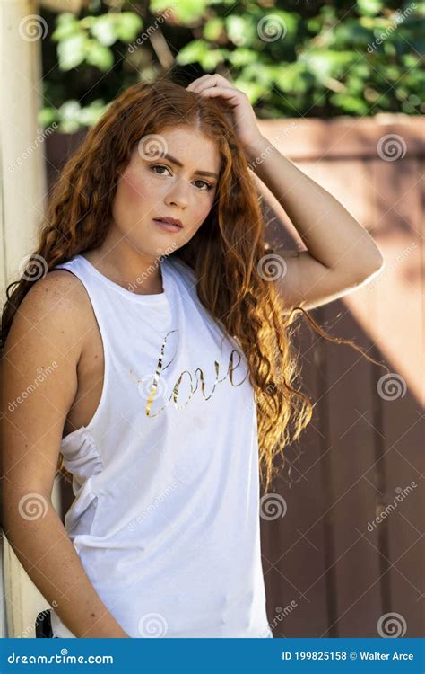 Redhead Model Posing Outdoors On An Autumn Day Stock Photo Image Of Charming Joyful