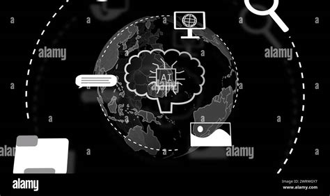 Image Of Ai Data Processing And Icons Over Globe And Dark Background