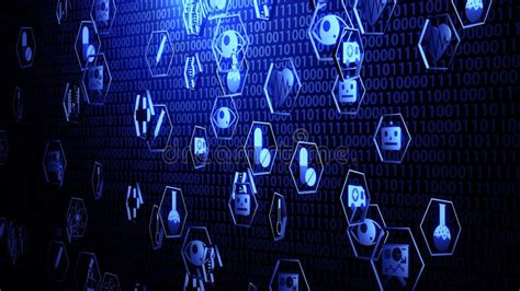 3d Medical Technology Icons Hexagon Border Hovering On The Random Binary Code Background With