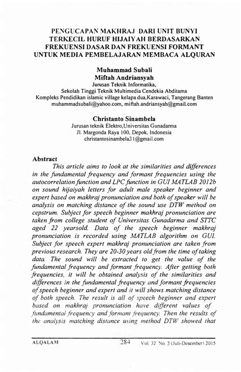 Pdf Pengucapan Makhraj Dari Unit Bunyi Terkecil Huruf Hijaiyah Berdasarkan Frekuensi Dasar Dan