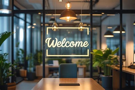 Welcoming Office Interior Illuminated Welcome Sign Wooden Desk