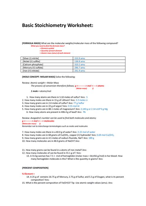 Stoichiometry Conversion Basic Stoichiometry Worksheet [formula Mass] What Are The Molecular