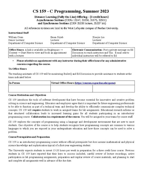 Cs 159 C Programming Syllabus Summer 2023 Distance Learning Details