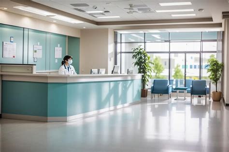 복도와 대기실 의 빈 병원 리셉션 카운터 의료 검사 약속 의사 등록 데스크와 함께 질병 진단을 가진 환자를 돕는 대기 공간 프리미엄 사진