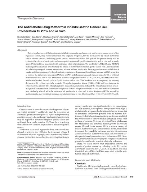Pdf The Antidiabetic Drug Metformin Inhibits Gastric Cancer Cell Proliferation In Vitro And In