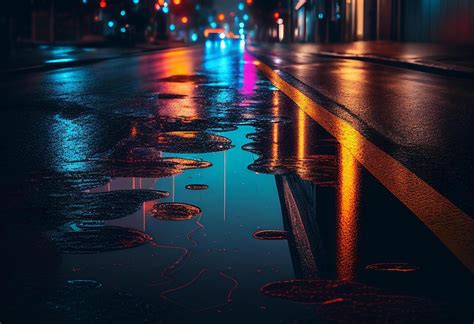 Night City Street With Wet Asphalt And Reflections Of Neon Lights 3d