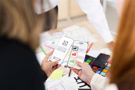 Creative Ux Ui Design Team Collaborating On Mobile App Interface With Wireframes And Prototypes