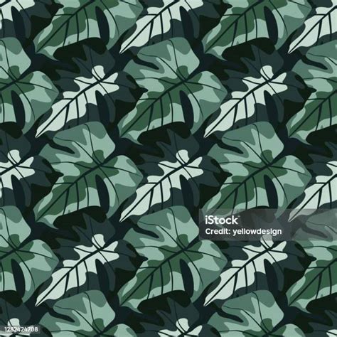 몬스터 요소 만화 모양과 원활한 창조적 인 패턴 어두운 배경에 녹색과 파란색 톤 Foliag 식물원 배경 0명에 대한 스톡 벡터
