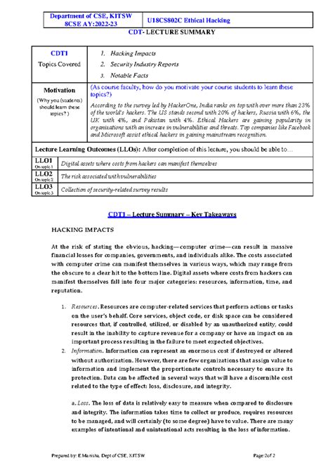 Eh U1 Cdt1 Hacking Impacts Department Of Cse Kitsw 8cse Ay2022 23 U18cs802c Ethical