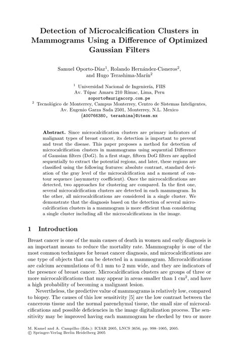 Pdf Detection Of Microcalcification Clusters In Mammograms Using A Difference Of Optimized