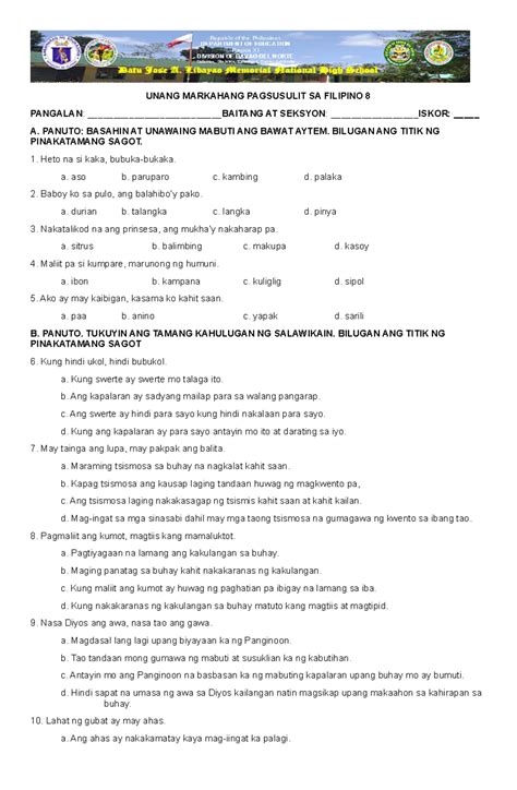 Unang Markahang Pagsusulit Sa Filipino 8 Unang Markahang Pagsusulit