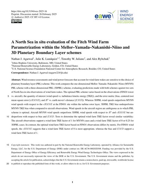 Pdf A North Sea In Situ Evaluation Of The Fitch Wind Farm Parametrization Within The Mellor