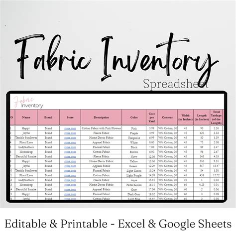 Fabric Inventory Tracker Excel Spreadsheet Sewing Organizer Fabric Stash Sewing Planner