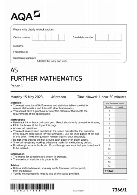 Aqa As Further Mathematics Paper 1 May 2023 Question Paper Aqa As Further Mathematics Paper 1