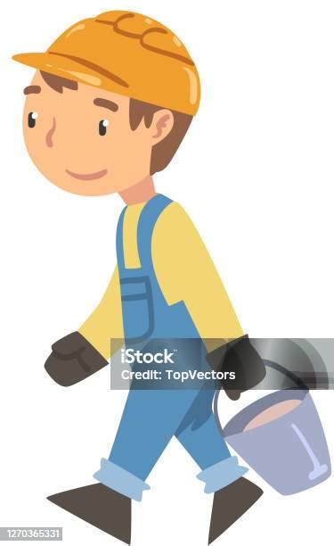 양동이를 들고 소년 건설 노동자 구조 도구 만화 스타일 벡터 일러스트와 파란색 바지와 하드 모자를 입고 귀여운 작은 빌더 캐릭터 건설 산업에 대한 스톡 벡터 아트 및 기타