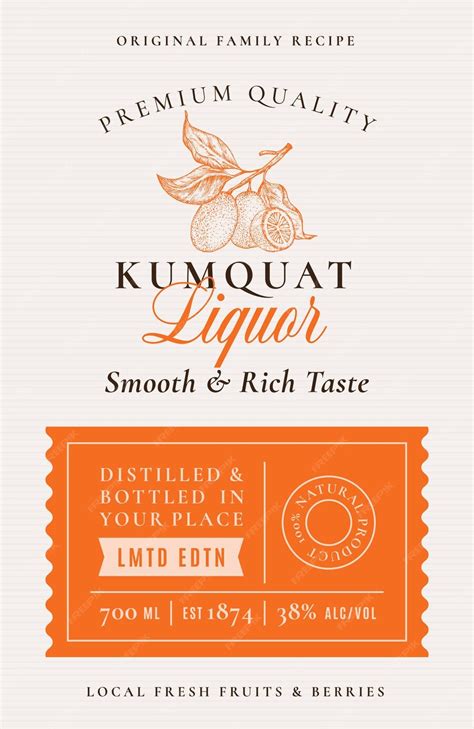 가족 조리법 금귤 주류 Acohol 레이블 추상 벡터 포장 디자인 레이아웃 슬라이스 실루엣 로고와 배경이 분리된 손으로 그린 과일이 있는 현대적인 타이포그래피 배너