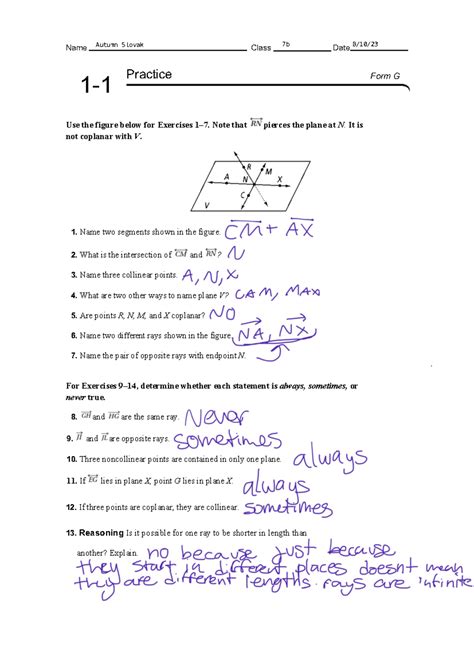 Unit 1 1 HW Unit 1 Part One Honors Geometry Homework Name Class Date 1 1 Practice Form G