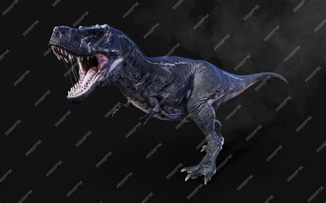 위험한 티라노사우르스 렉스 행위와 클리핑 패스와 함께 검은 배경에 고립 된 포즈 프리미엄 사진