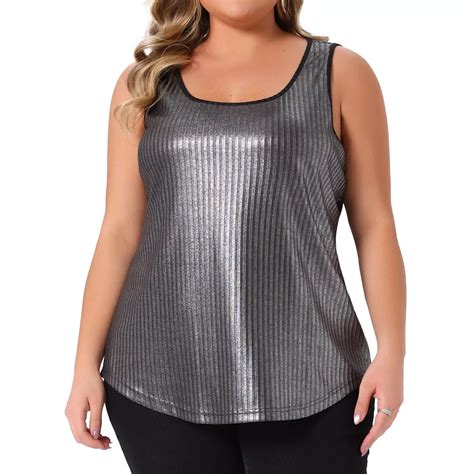 Womens Plus Size Metallic Tank Tops Sleeveless Square Neck Sparkly