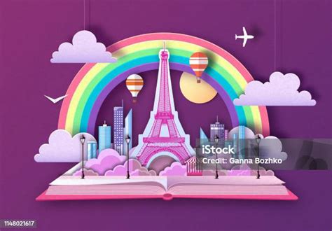 도시 풍경과 에펠 탑이 있는 오픈 페어리 테일 북 종이 아트 스타일 디자인을 잘라 밤 하루 시간대에 대한 스톡 벡터 아트 및 기타 이미지 밤 하루 시간대 에펠탑 파리