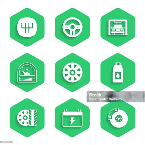 자동차용 합금 휠 자동차 배터리 캘리퍼가 있는 브레이크 디스크 캐니스터 모터 기계 오일 타이어 모터 가스 게이지 워시 및 기어 시프터 아이콘을 설정합니다 벡터 가득 찬에