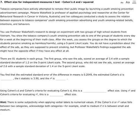 Solved 7 Effect Size For Independent Measures T Test