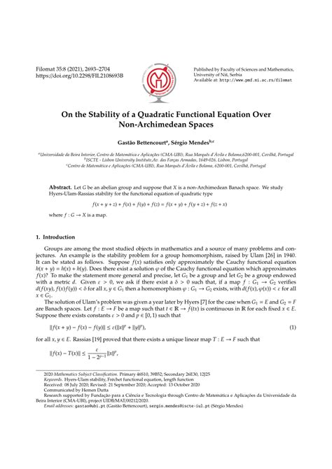 Pdf On The Stability Of A Quadratic Functional Equation Over Non