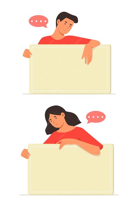 복사 공간이 있는 빈 보드를 들고 있는 남자와 여자 프리미엄 벡터
