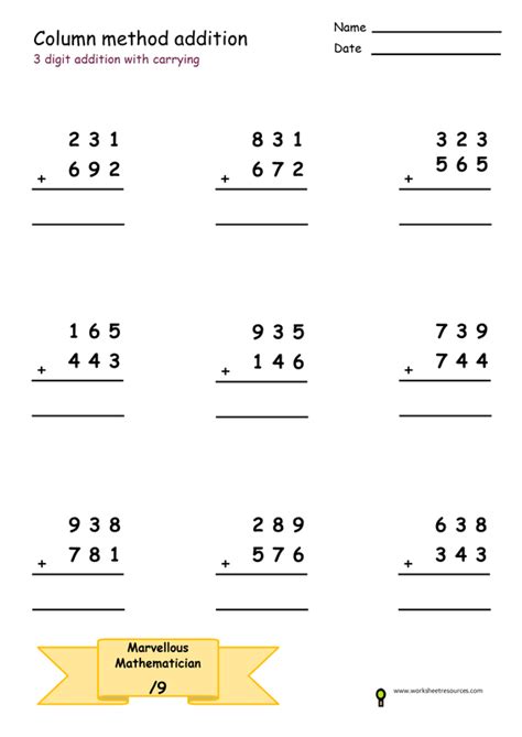 Column Method Addition Free Printable Worksheet Subtraction Worksheets