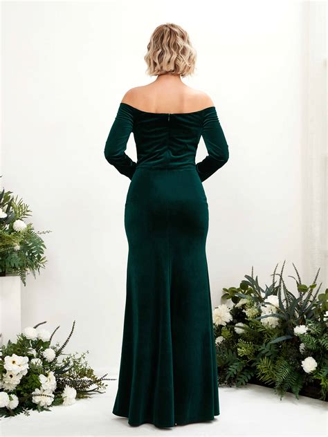 Hunter Green Velvet Bridesmaid Dress Mermaid Maxi Long Sleeve Off The