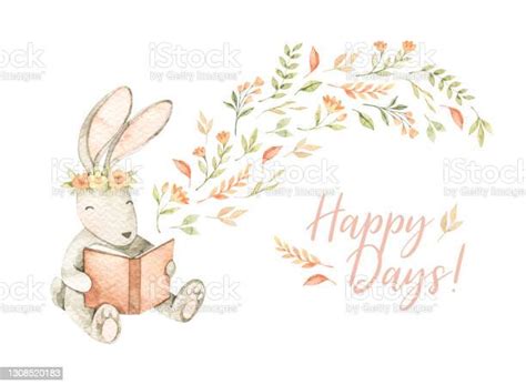 수채화 귀여운 토끼는 꽃 화환과 꽃과 가지가 있는 책을 사방에 읽습니다 행복한 날들 아기 캐릭터 어린이 방 장식 초대장 인사말 카드 포장 베이비 샤워에 적합 0명에 대한