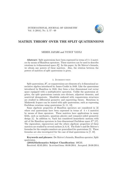 Pdf Matrix Theory Over The Split Quaternions