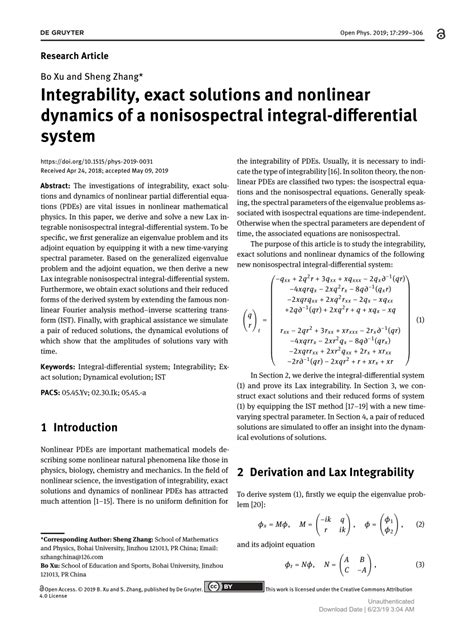 Pdf Integrability Exact Solutions And Nonlinear Dynamics Of A Nonisospectral Integral