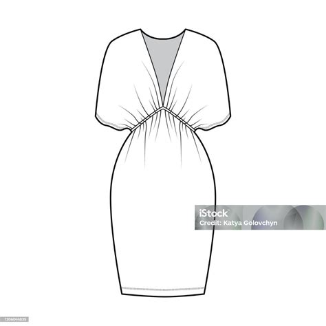 카프탄 드레스 테크니컬 패션 일러스트와 딥 V넥 배트윙 슬리브 오버사이즈 무릎 길이 연필 컷 플랫 0명에 대한 스톡 벡터 아트 및 기타 이미지 Istock