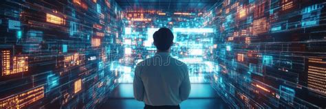 Cybersecurity Expert Analyzes Glowing Encrypted Codes In A Virtual Data Space At Night