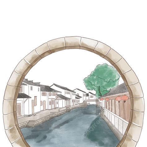 優美江南風景插畫 江南 古風 水墨畫素材圖案，psd和png圖片免費下載