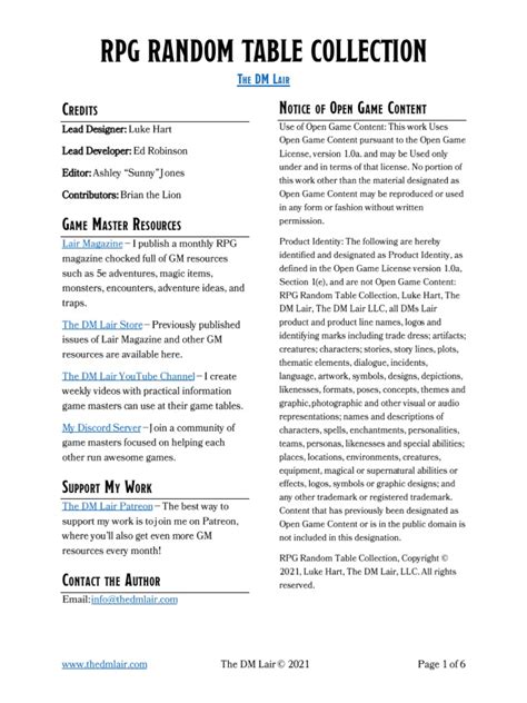 Rpg Random Table Collection Credits Notice Of Open Game Content Pdf
