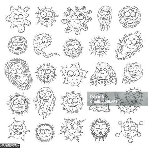 미생물 낙서 세트 바이러스 박테리아 셀 세균 알레르기 질병 단세포 생물 귀여운 만화 미생물입니다 생물학 감염 재미있는 미생물