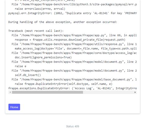 Pymysql Err Integrityerror And Duplicateentryerror Errors When Open Private Files Bug Frappe