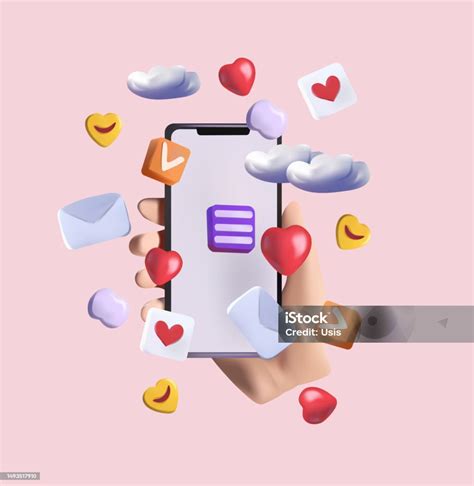 가상 소셜 네트워킹 플랫폼을 위한 혁신적인 3d 개념입니다 손은 다양한 인터랙티브 아이콘 이모티콘 댓글 하트 클라우드를 표시하는 스마트폰을 잡습니다 개념 통신 응용 프로그램