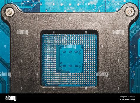 Processor Pins Macro Computer Motherboard Close Up Cpu Pins On A Circuit Board Micro Elements