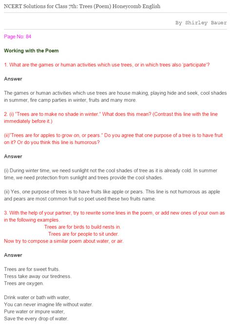 NCERT Solutions For Class 7 English Honeycomb Trees Poem NCERT Solutions For Class 7 English