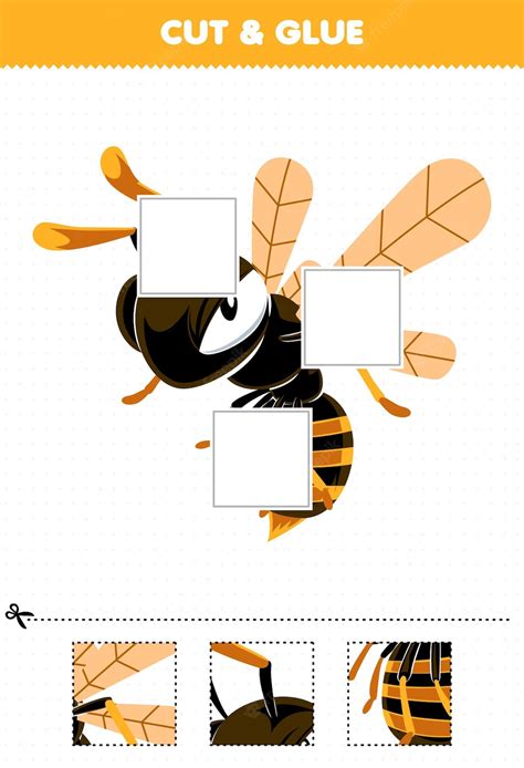 어린이를 위한 교육 게임은 귀여운 만화 말벌의 일부를 잘라서 붙이고 인쇄 가능한 버그 워크시트를 붙입니다 프리미엄 벡터