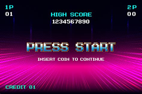 시작을 누릅니다 계속하려면 코인을 삽입하십시오 픽셀 아트 8비트 게임 레트로 게임 게임 자산용 복고풍 미래파 공상 과학 배경 빛나는 네온 그리드 그리고 빈티지 아케이드