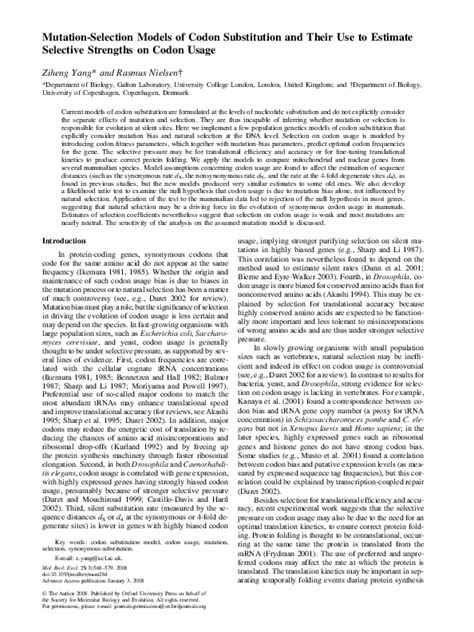 Pdf Mutation Selection Models Of Codon Substitution And Their Use To