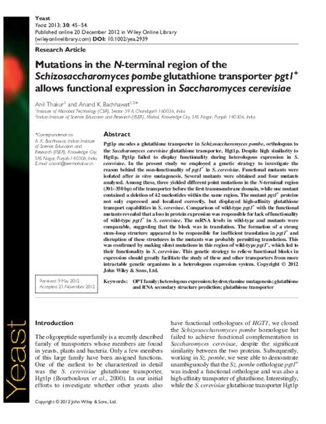 Pdf Mutations In The N Terminal Region Of The Schizosaccharomyces
