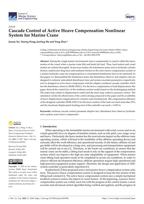 Pdf Cascade Control Of Active Heave Compensation Nonlinear System For Marine Crane