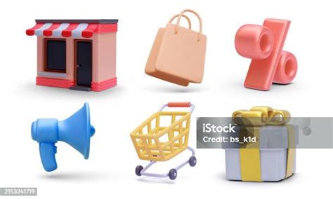 흰색 배경에 고립 된 현실적인 마케팅 상점 벡터 아이콘의 집합입니다 선물 카트 메가폰 할인 가방 시장 3차원 형태에 대한 스톡 벡터 아트 및 기타 이미지 Istock